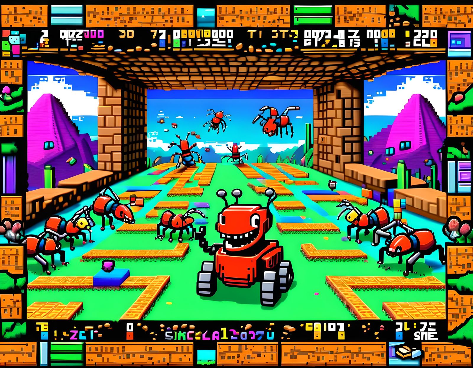 a pixelated video game still of pixelated goofy smiling anteater robots ...