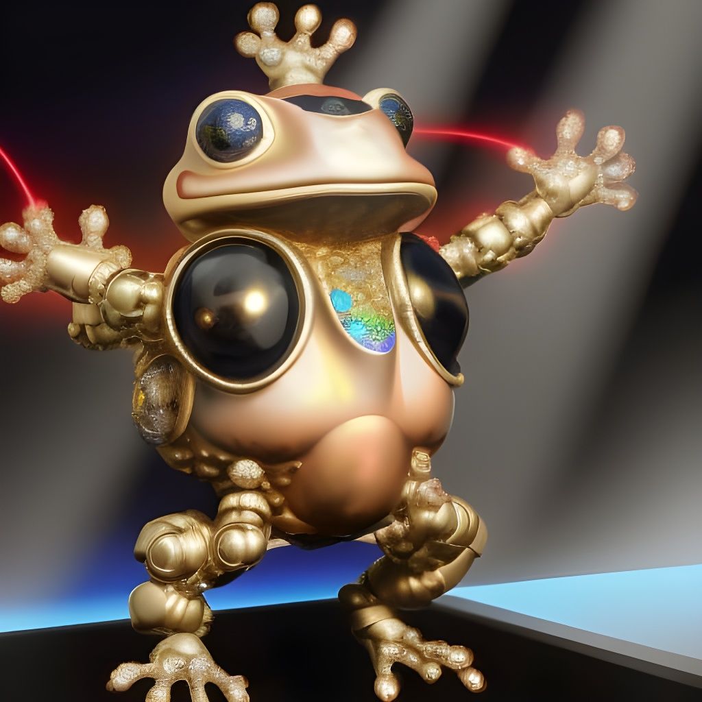 Photorealistic render of a toad mecha dancing on stage, skin of gold ...