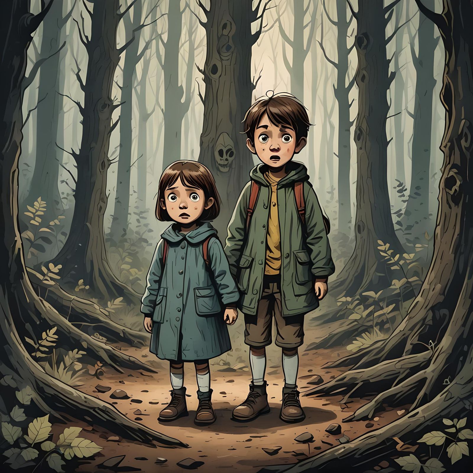 Two siblings in the scary forest - AI Generated Artwork - NightCafe Creator