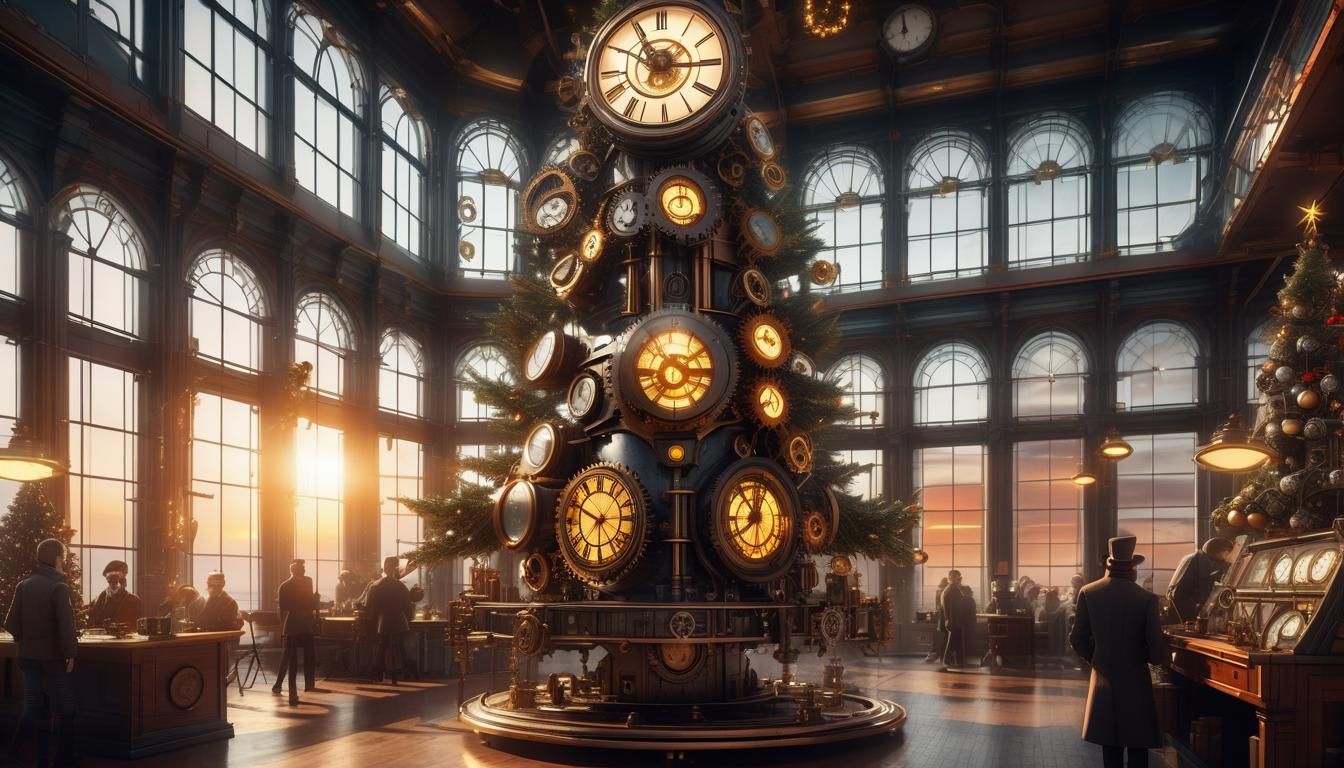 Steampunk Christmas tree located in a clockwork common room - AI ...