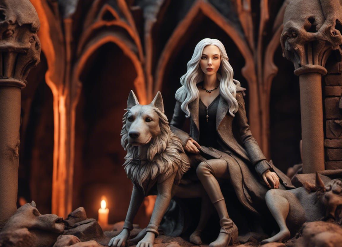 vampire lady and her hellhound exploring an abandoned gothic castle ...