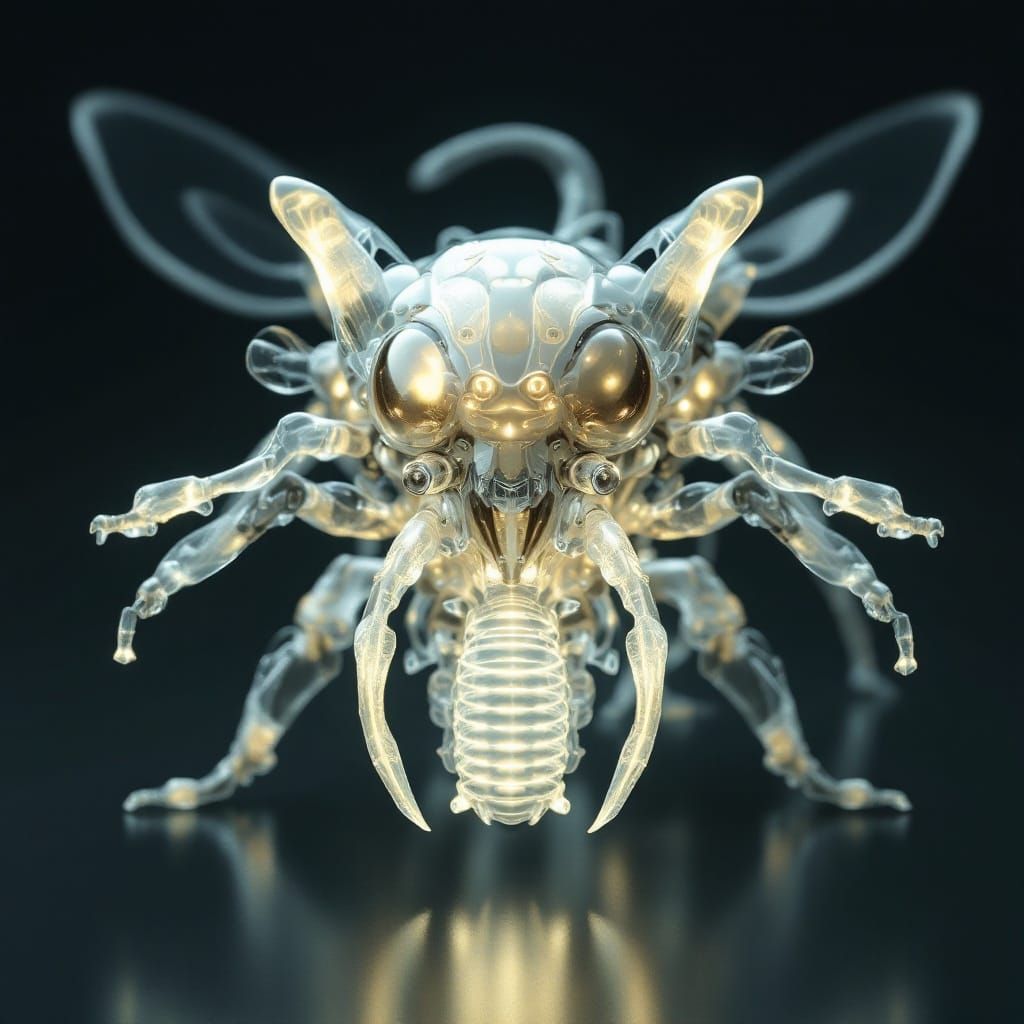 A sleek, translucent biomechanical insect creature with a mesmerizing ...