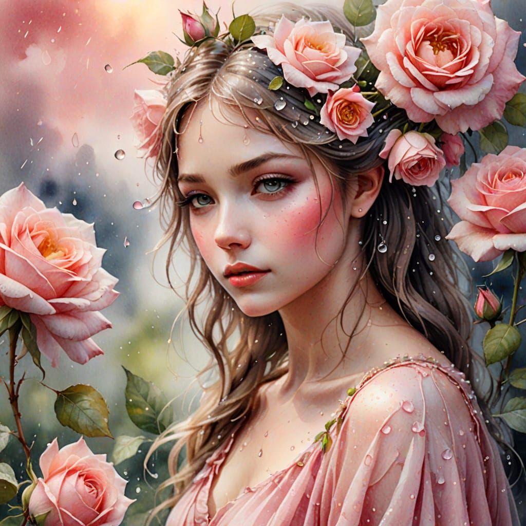 Raindrops and Roses - Majestic Rose Blossom in Gentle Mornin...