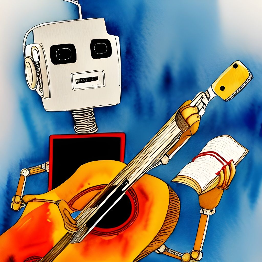 Robot Reading Book While Playing Guitar, detailed watercolor and pen ...