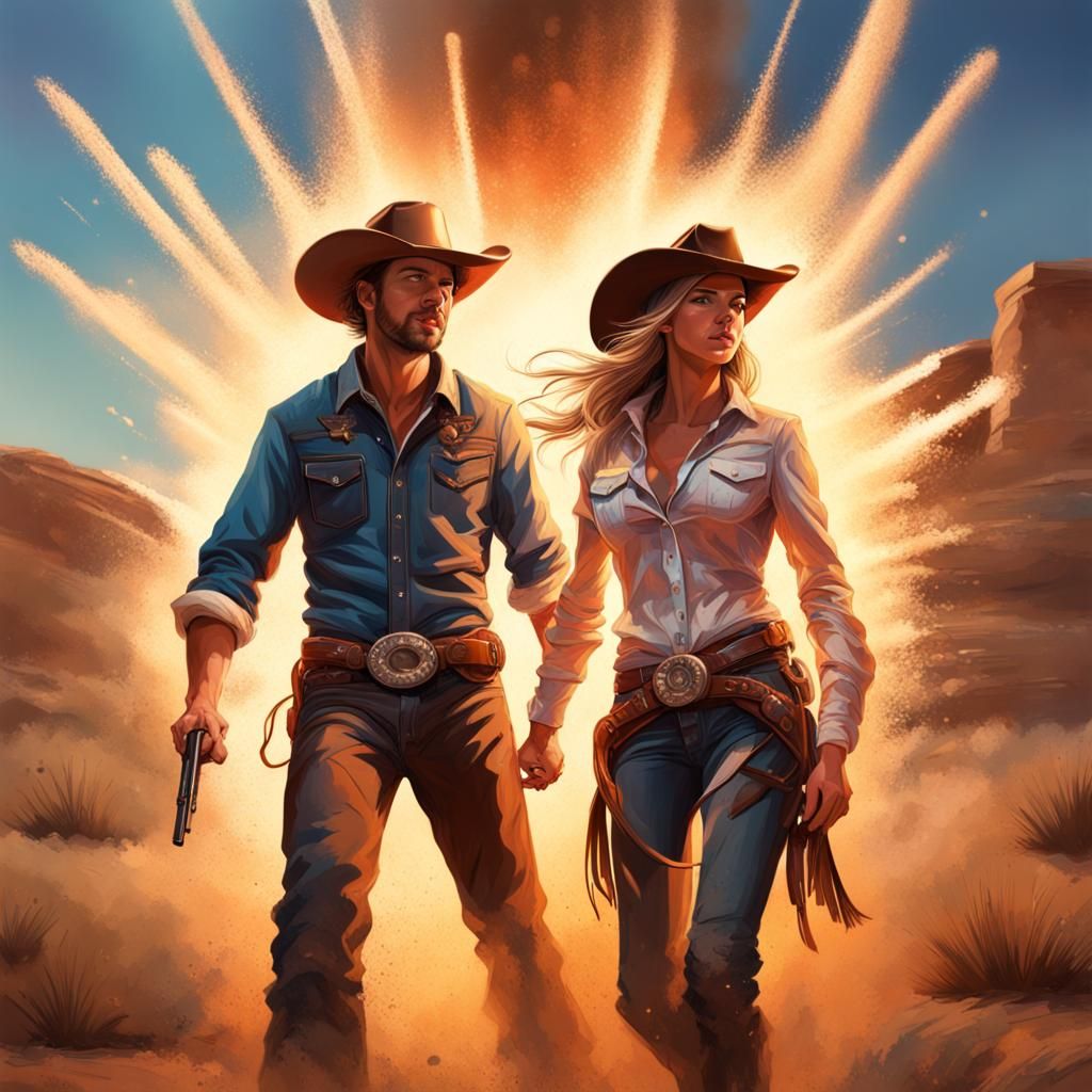 Cowboy and cowgirl, dynamite exploding behind them, Hyperrealistic ...