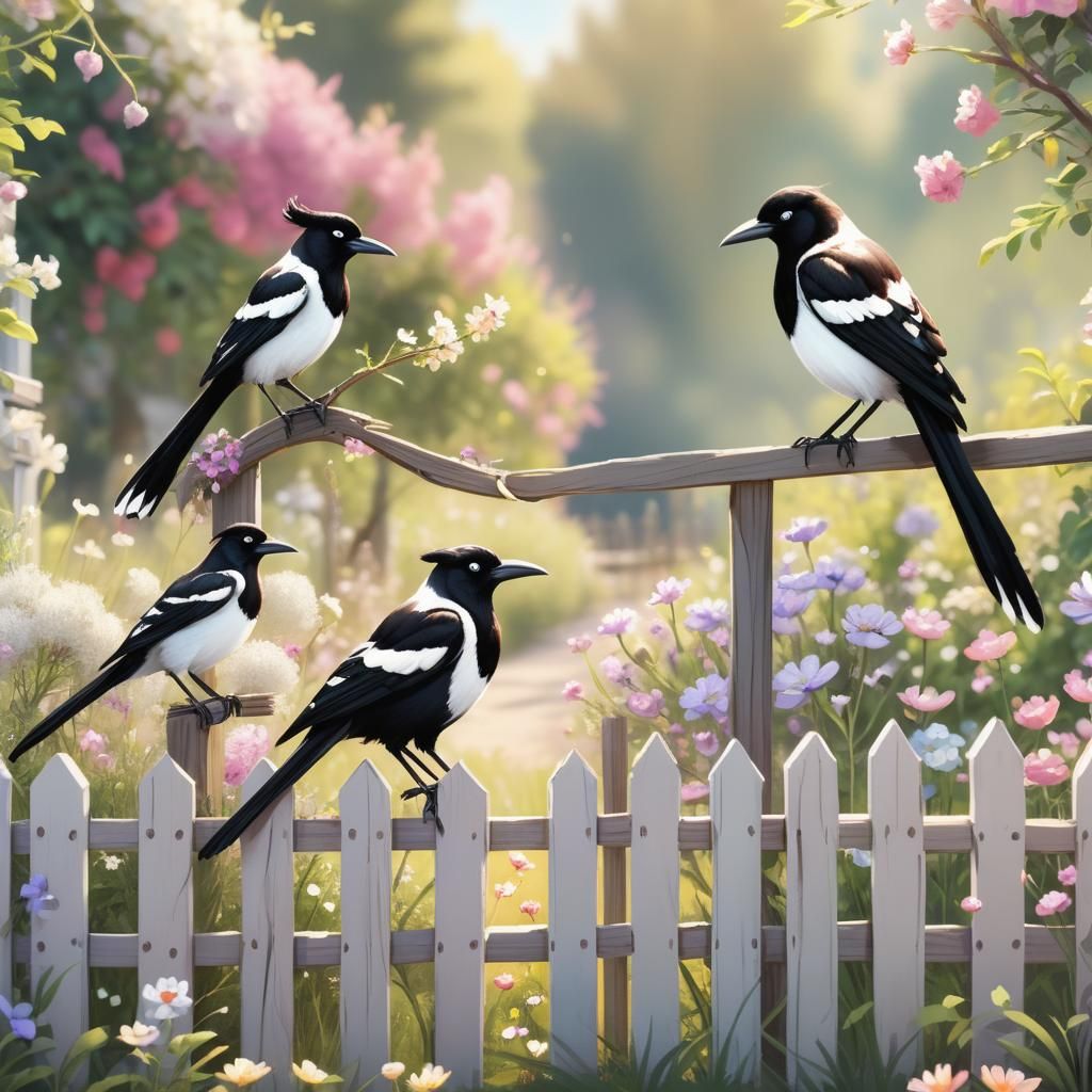 Some whimsical magpies sitting on a fence, the frnce has beautiful ...