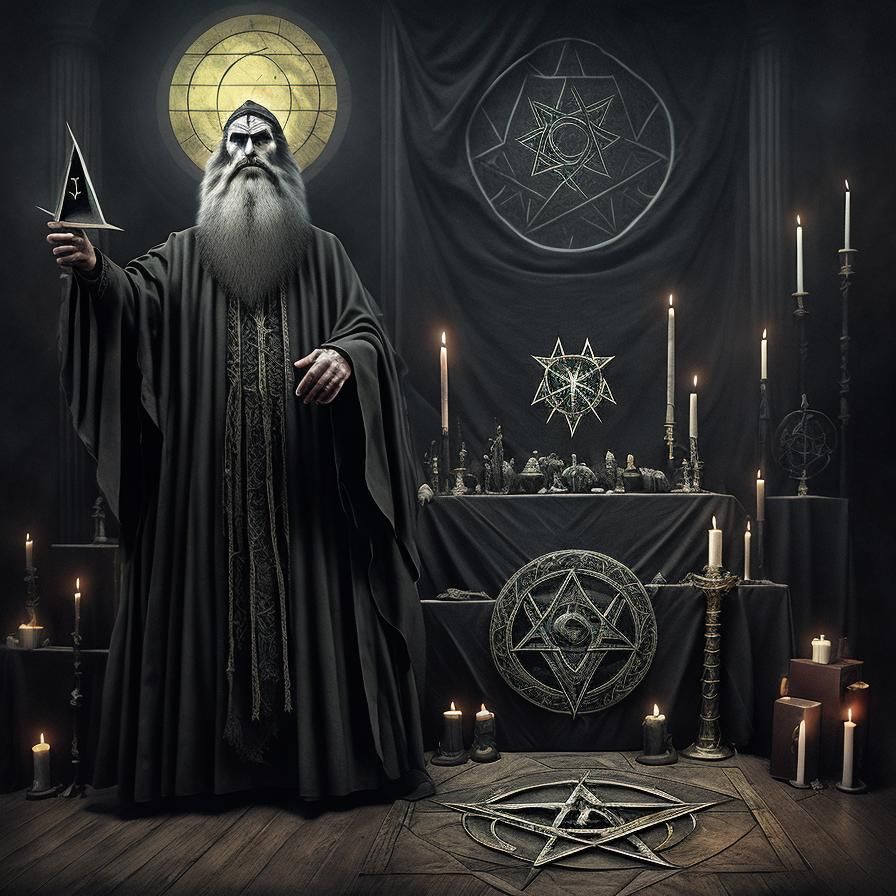 A dark wizard withylong beard , occult, pentagram, altar of sacrafice ...