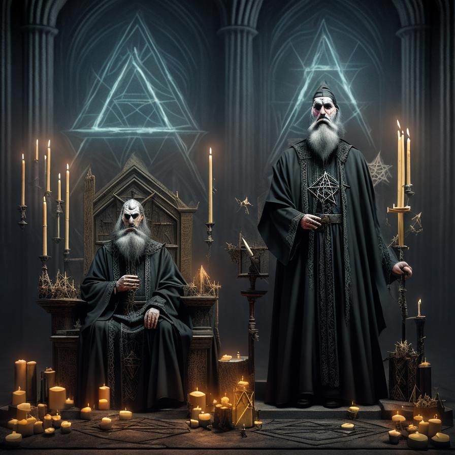 A dark wizard withylong beard , occult, pentagram, altar of sacrafice ...