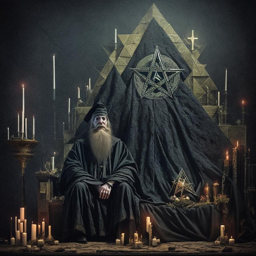 A dark wizard withylong beard , occult, pentagram, altar of sacrafice ...