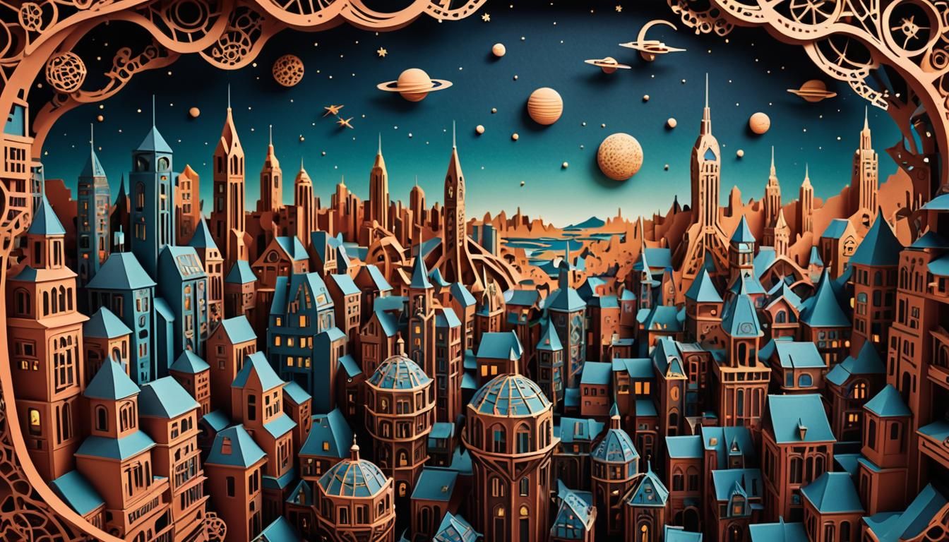 Elaborately detailed Kirigami papercraft of a science fiction cityscape ...