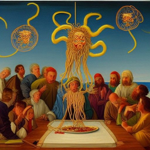 Summoning of the Flying Spaghetti Monster, religious painting - AI ...