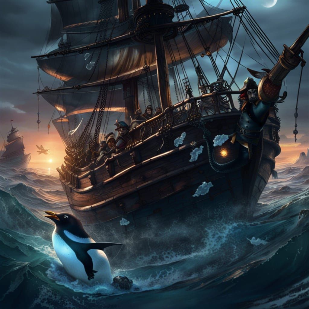 realistic pirate penguins on a ship going down the bermuda triangle ...