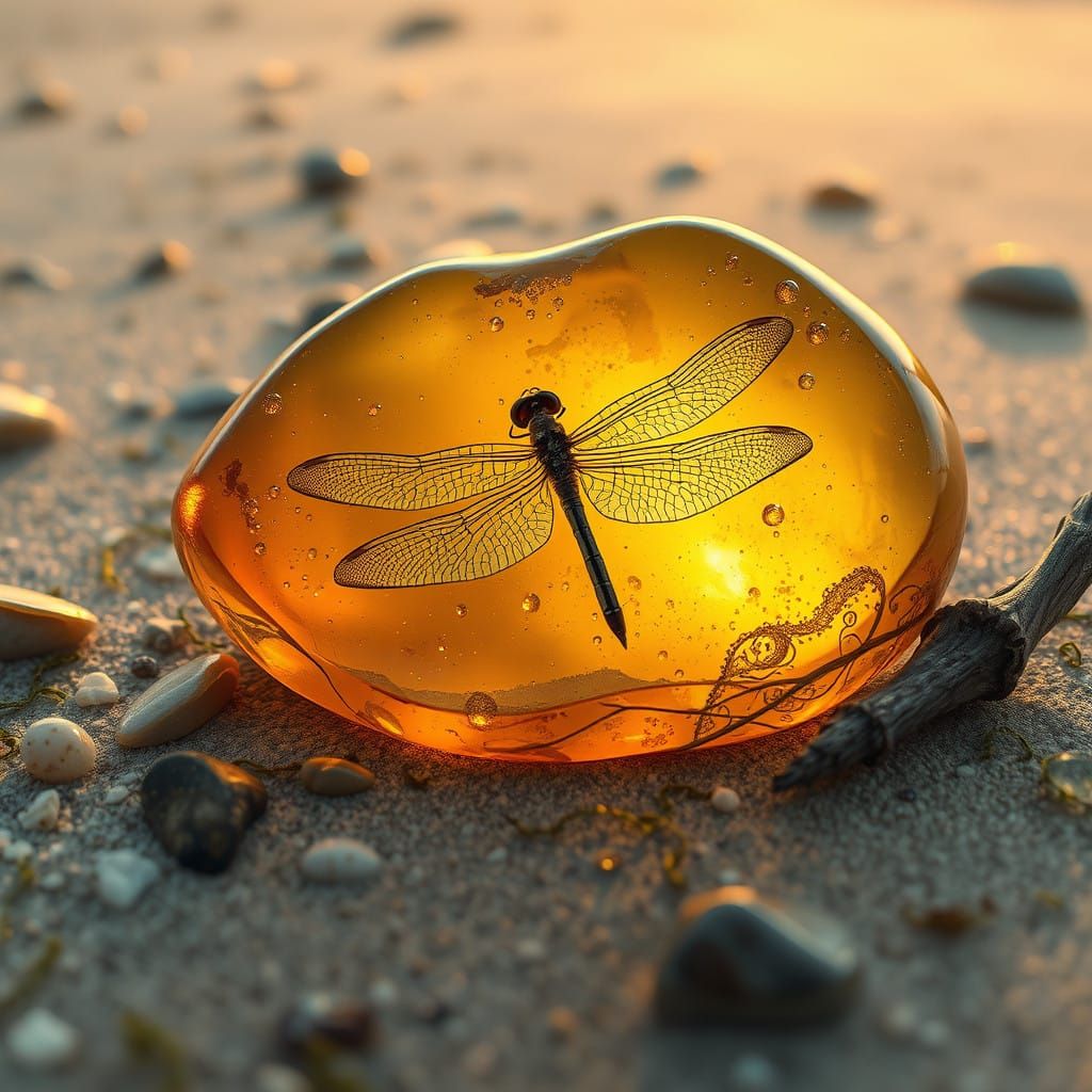 A piece of amber with a perfectly preserved dragonfly