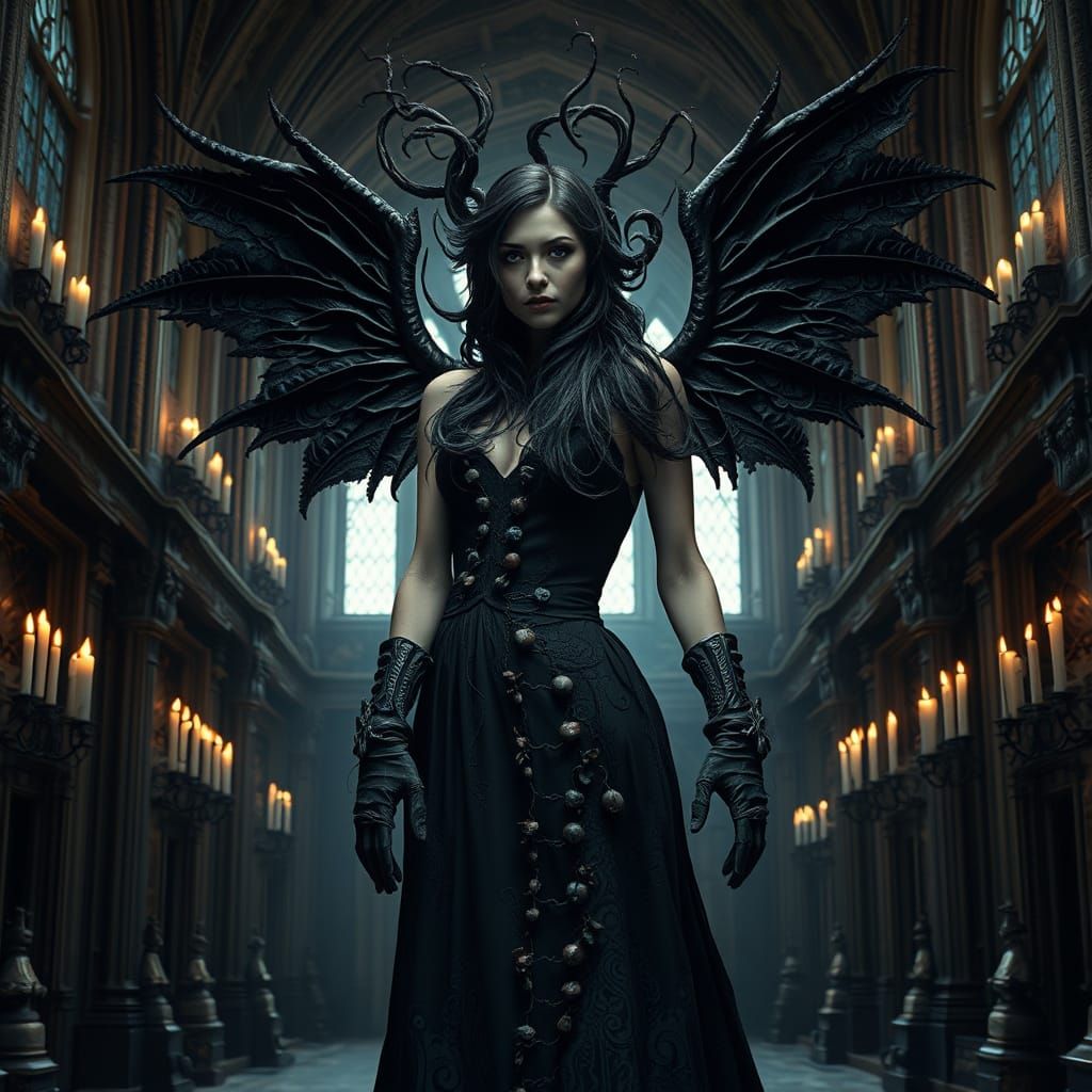 Gothic Woman with Twisted Foods and Shadowy Wings - AI Art