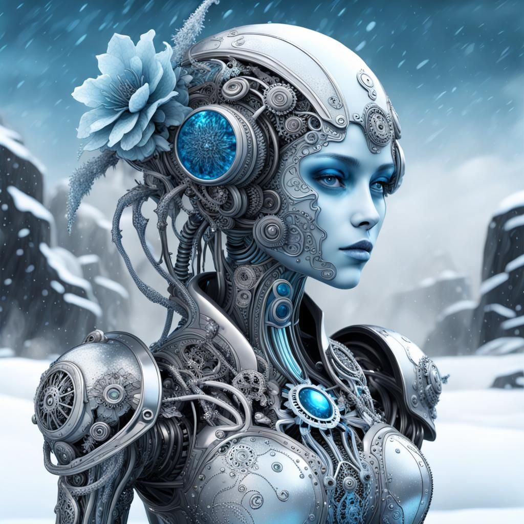 Beautiful icy ai Steampunk android on an Ethereal Alien Planet ...