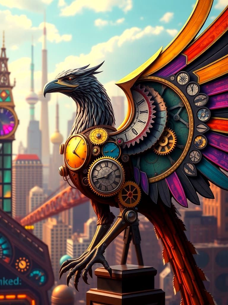 A steampunk griffin with intricate clockwork wings