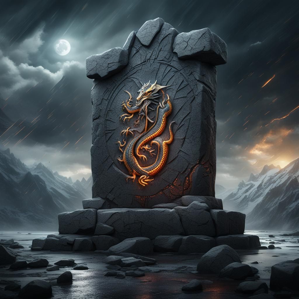 Black rune stone with dragon - AI Generated Artwork - NightCafe Creator