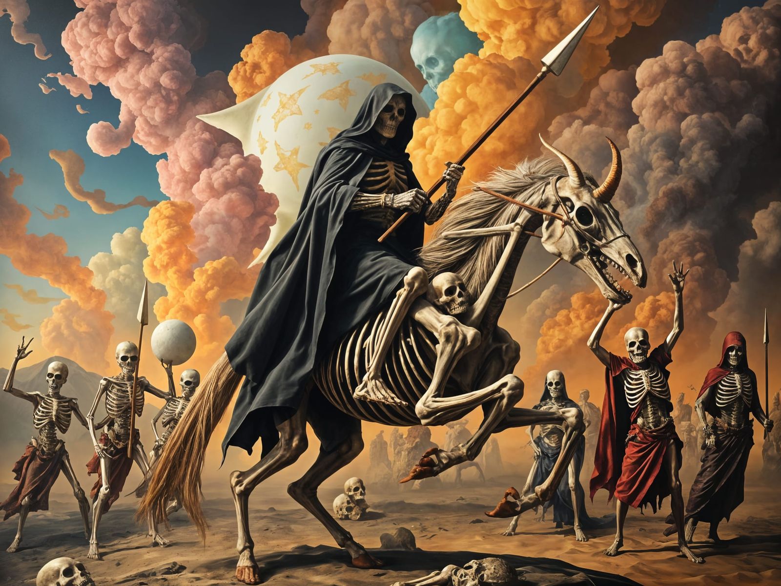 A skeletal figure in a dark cloak rides a skeletal horse decorated with ...
