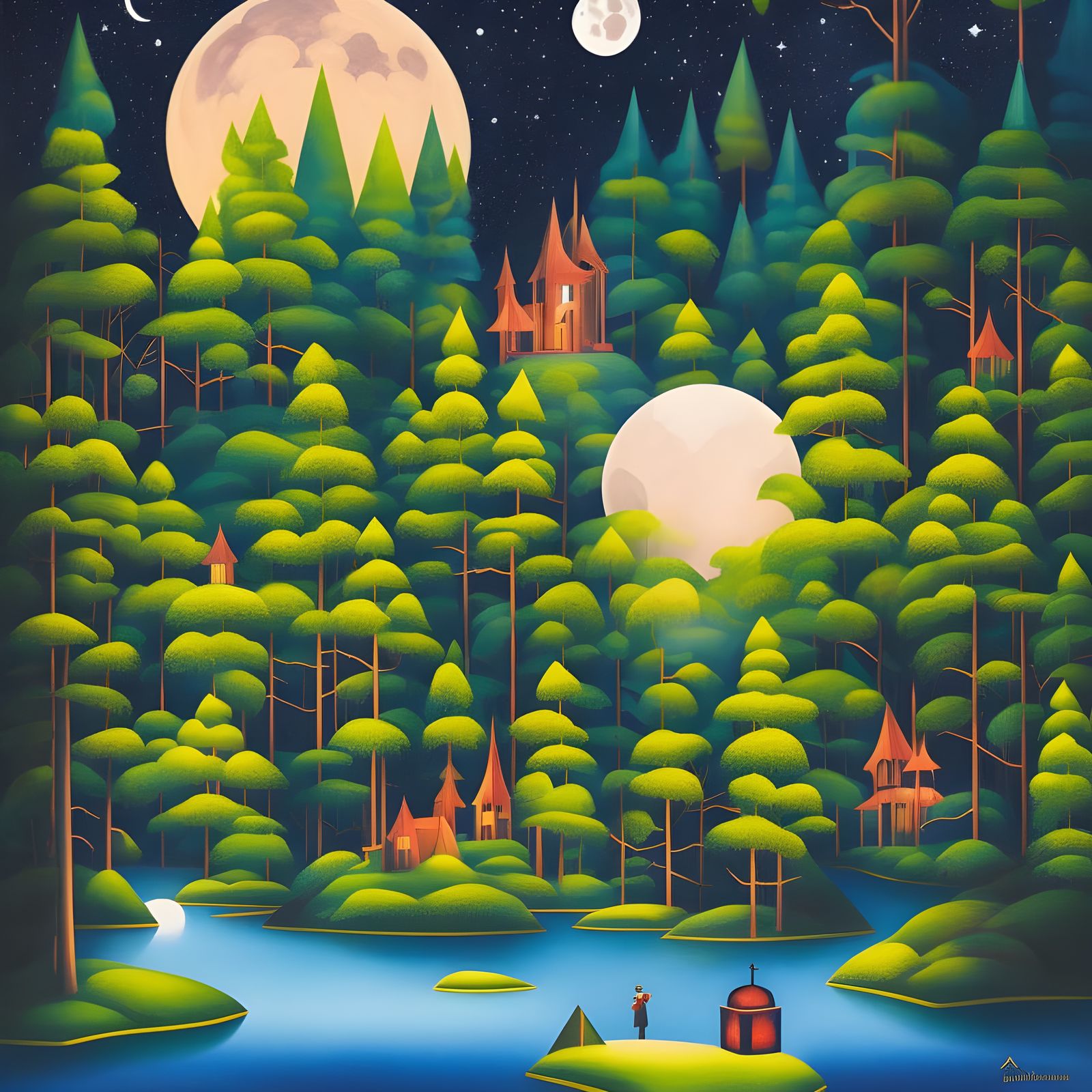 Unique cubism magical forest with a night castle and moon and a lake in ...
