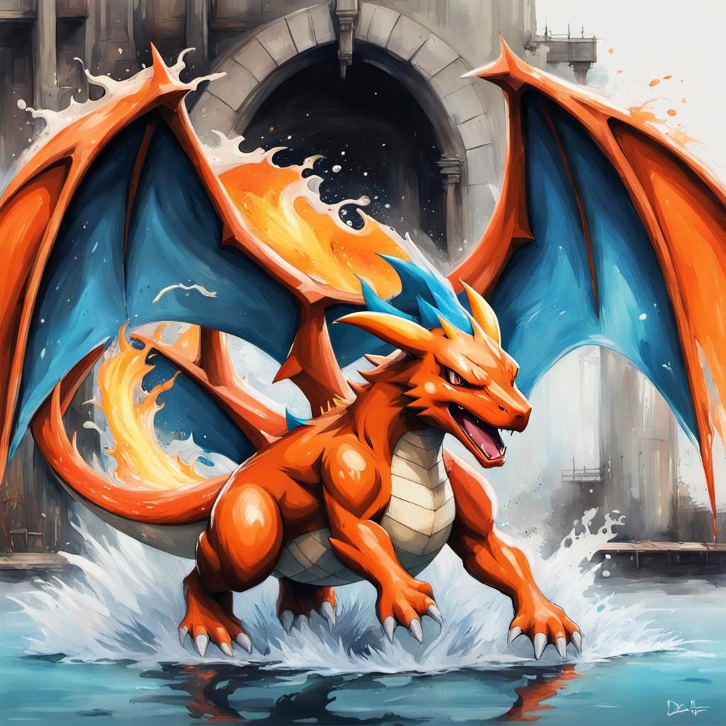 a "charizard form pokemon" is flying above water, sonic boom. in water ...