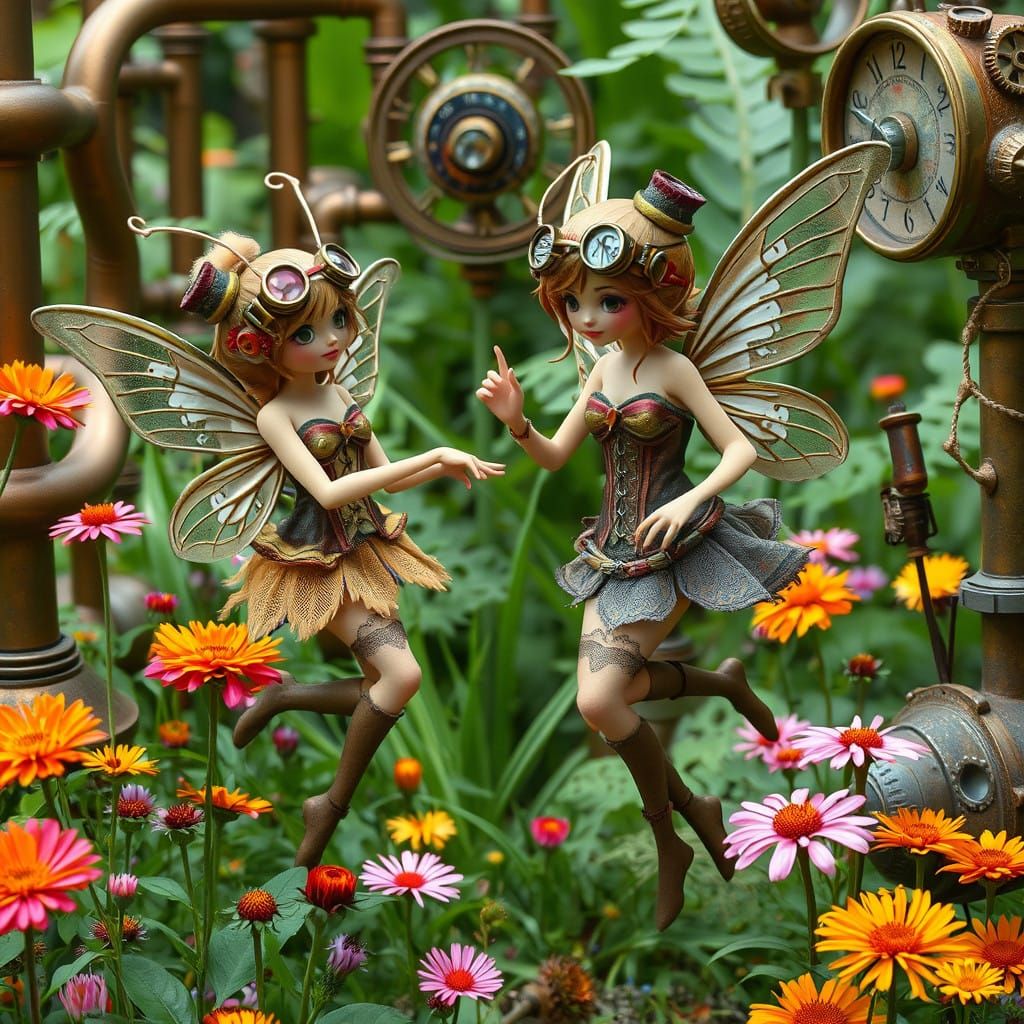 Steampunk Fairies Dance in Whimsical Garden Wonder... - AI Art