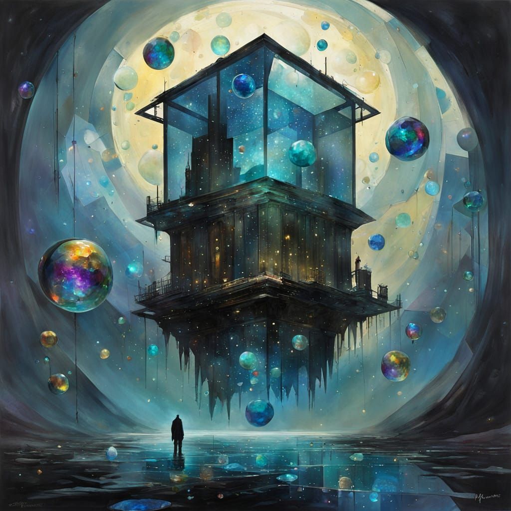 Geometric Shapes Suspended in Iridescent Glass Bub... - AI Art