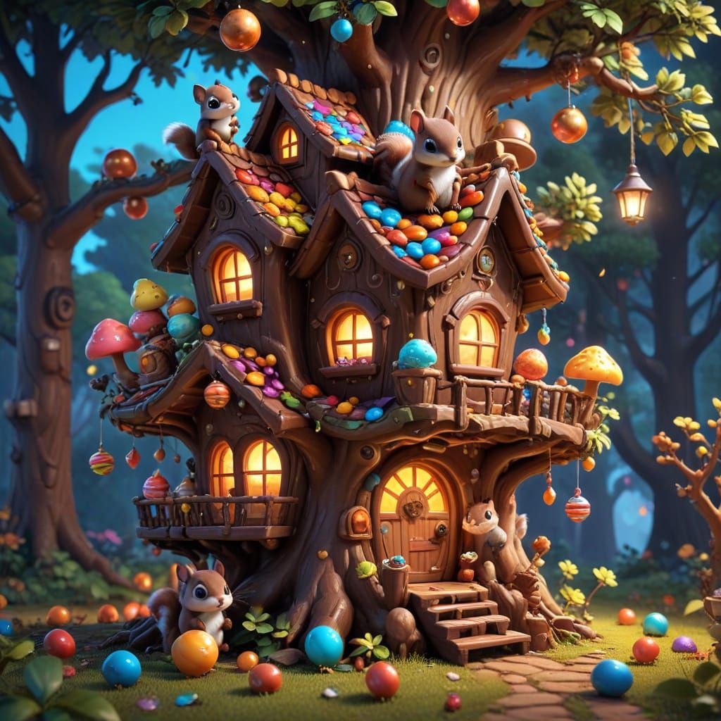 A mischievous squirrel family decorates a chocolate treehouse with ...