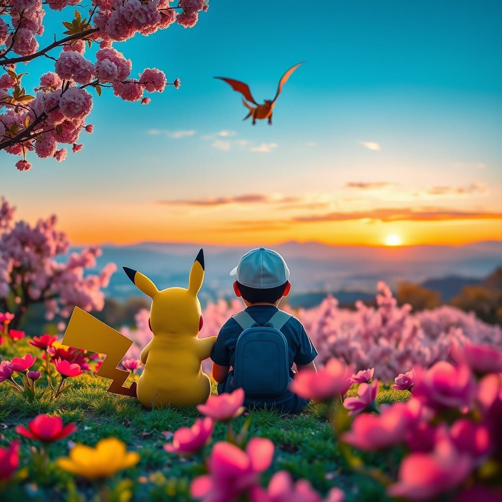Pikachu and Ash in Sakura Garden at Sunset - AI Art