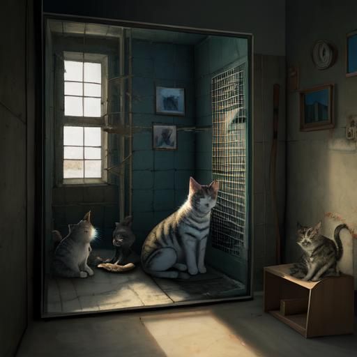 Prison cat in a cell with pictures of fish and mice on the walls ...