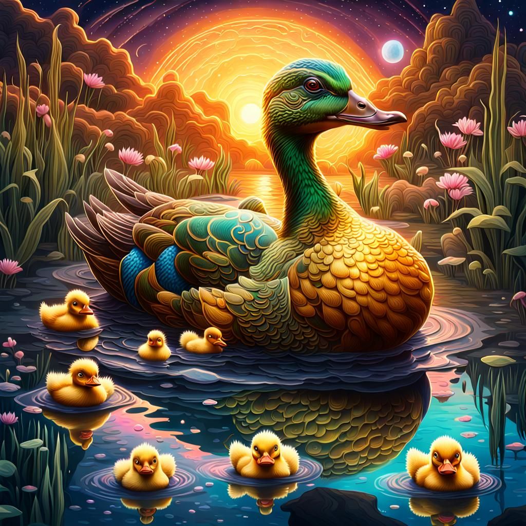 Mother ducky in a pond with her babies - AI Generated Artwork - NightCafe Creator