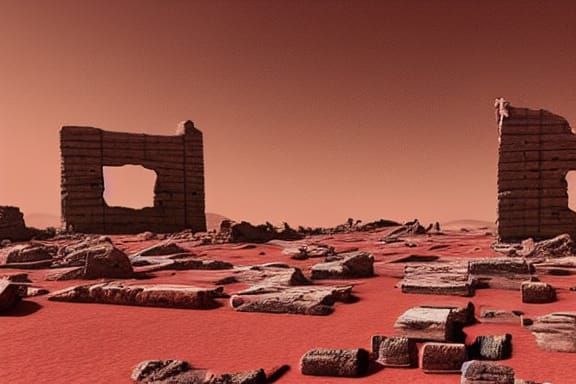 Ancient Alien Ruins, Tall crumbling buildings, dusty Martian landscape ...