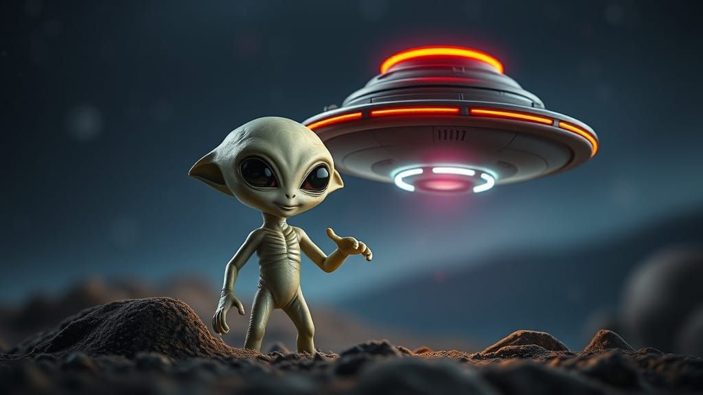 Alien posing next to UFO - Cute Alien Smiles Beside his UFO ...