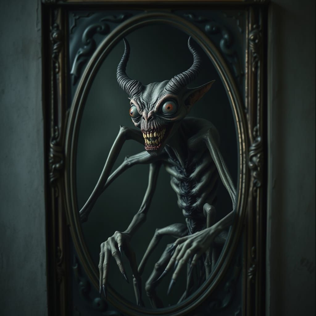 Grotesque Demon Ripples in Dark Gothic Mirror - AI Art