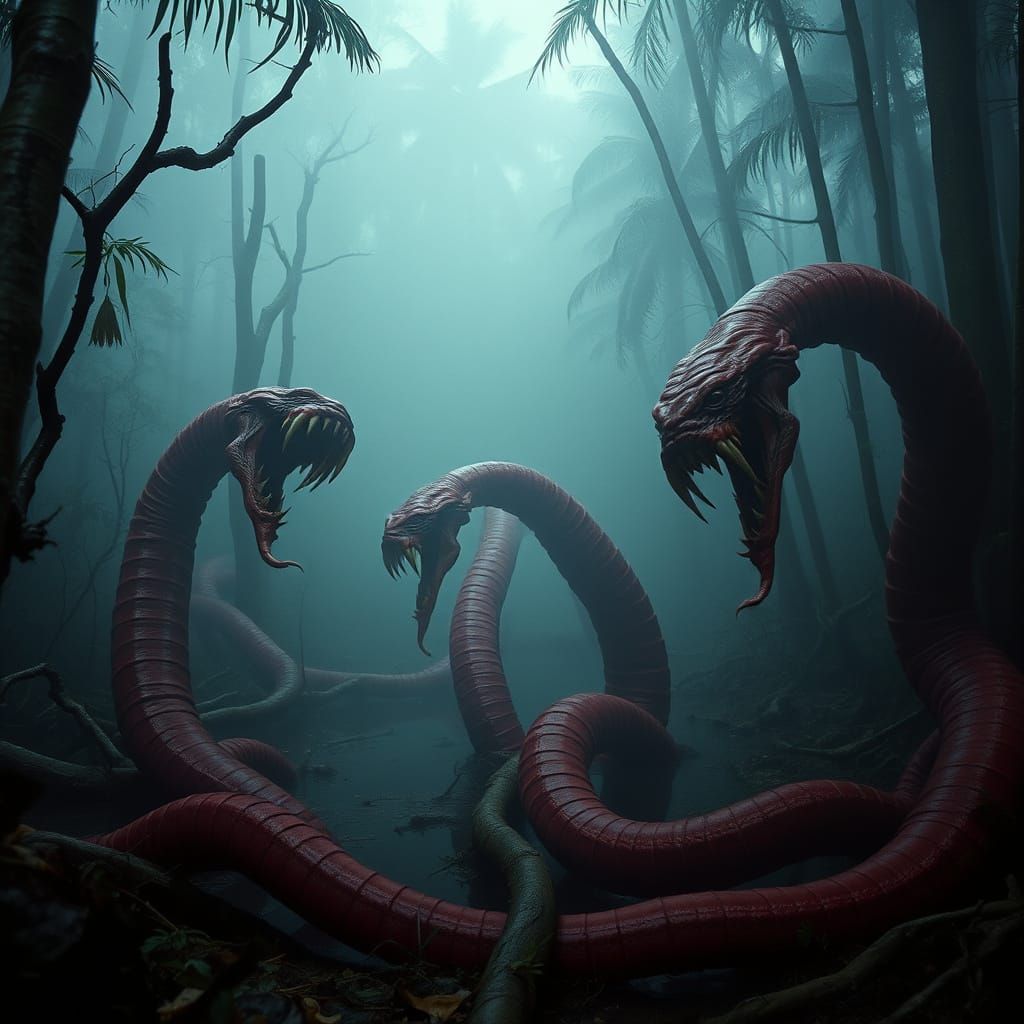 worm encounter! - Twisted Red Carnivore Worms in a Misty Ju...