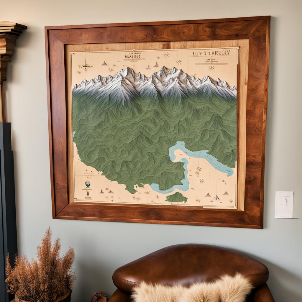a flat map that has a mountain range, forest, and lake. in a wooden ...