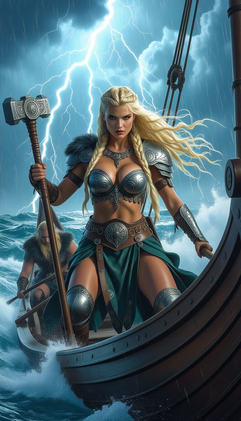 Viking Queen Commands Storm, Hyperrealistic Fantas... - AI Art