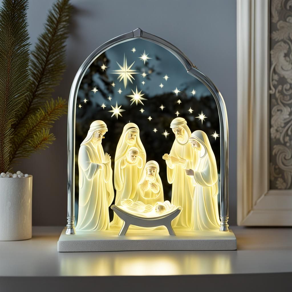 Electroluminescent 3d nativity set made of glass sitting on a mirror ...