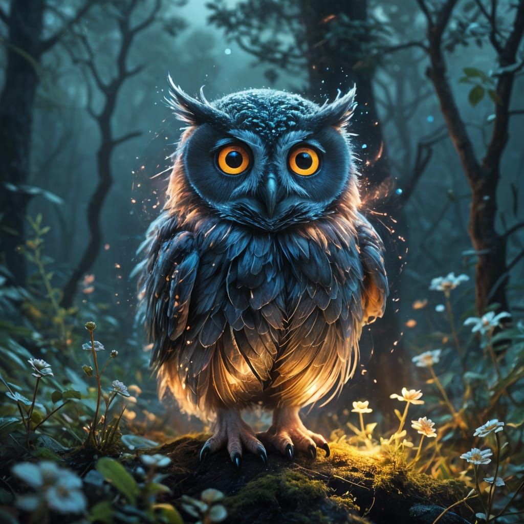 Luminous Owl - Ethereal Nighttime Scene with Luminous Creatu...