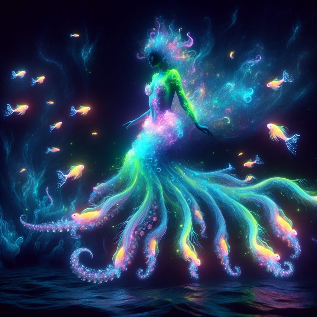 A bioluminescent mermaid with the lower body of an octopus wearing a ...