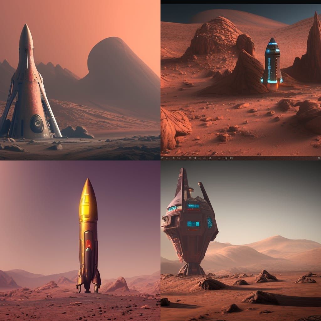 photograph of a futuristic rocketship on the planet Mars, circa 1902 ...