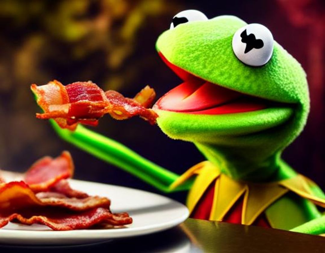 kermit the frog eating bacon, detailed matte painting, deep color ...