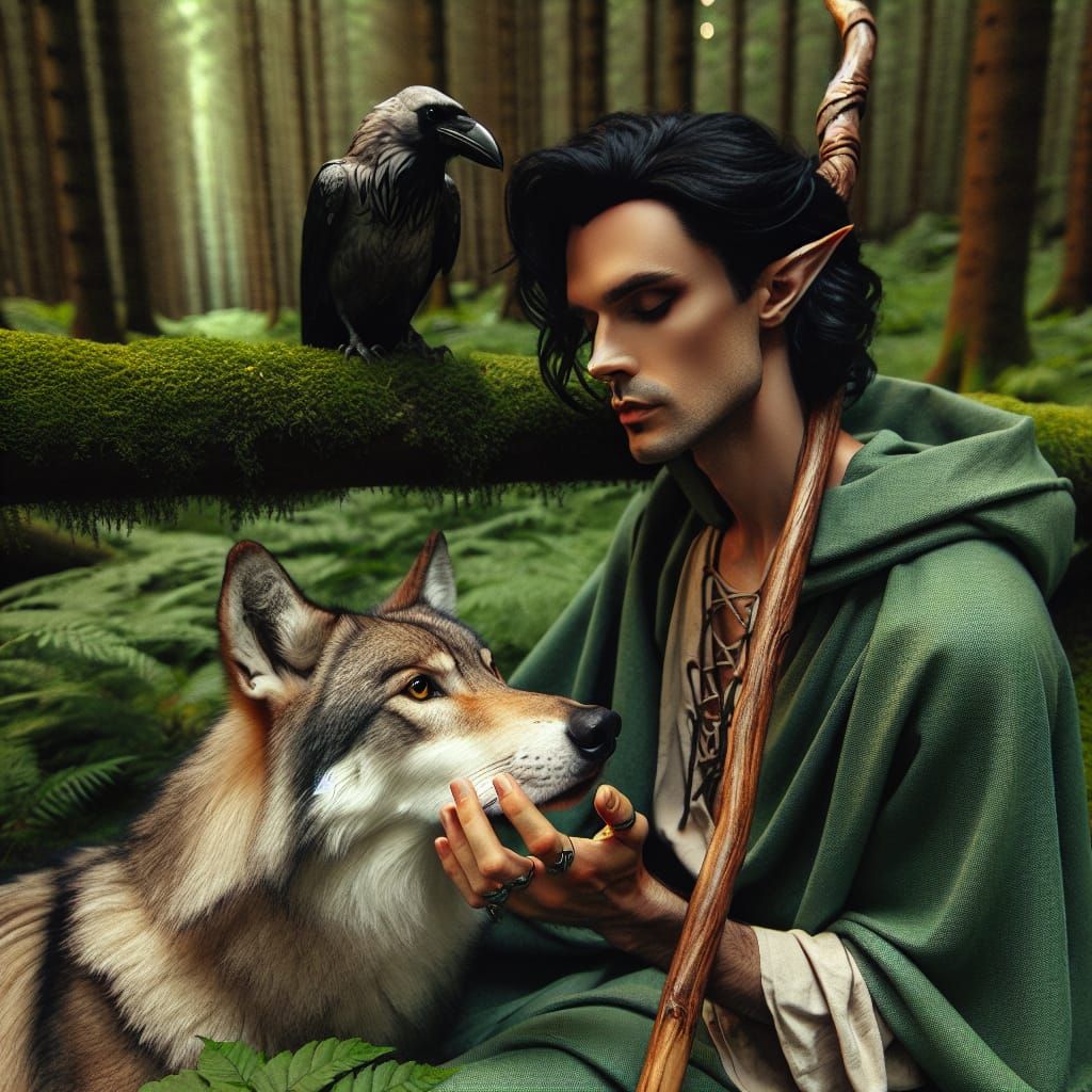 druid high elf, dungeons and dragons character, in a forest, petting a ...