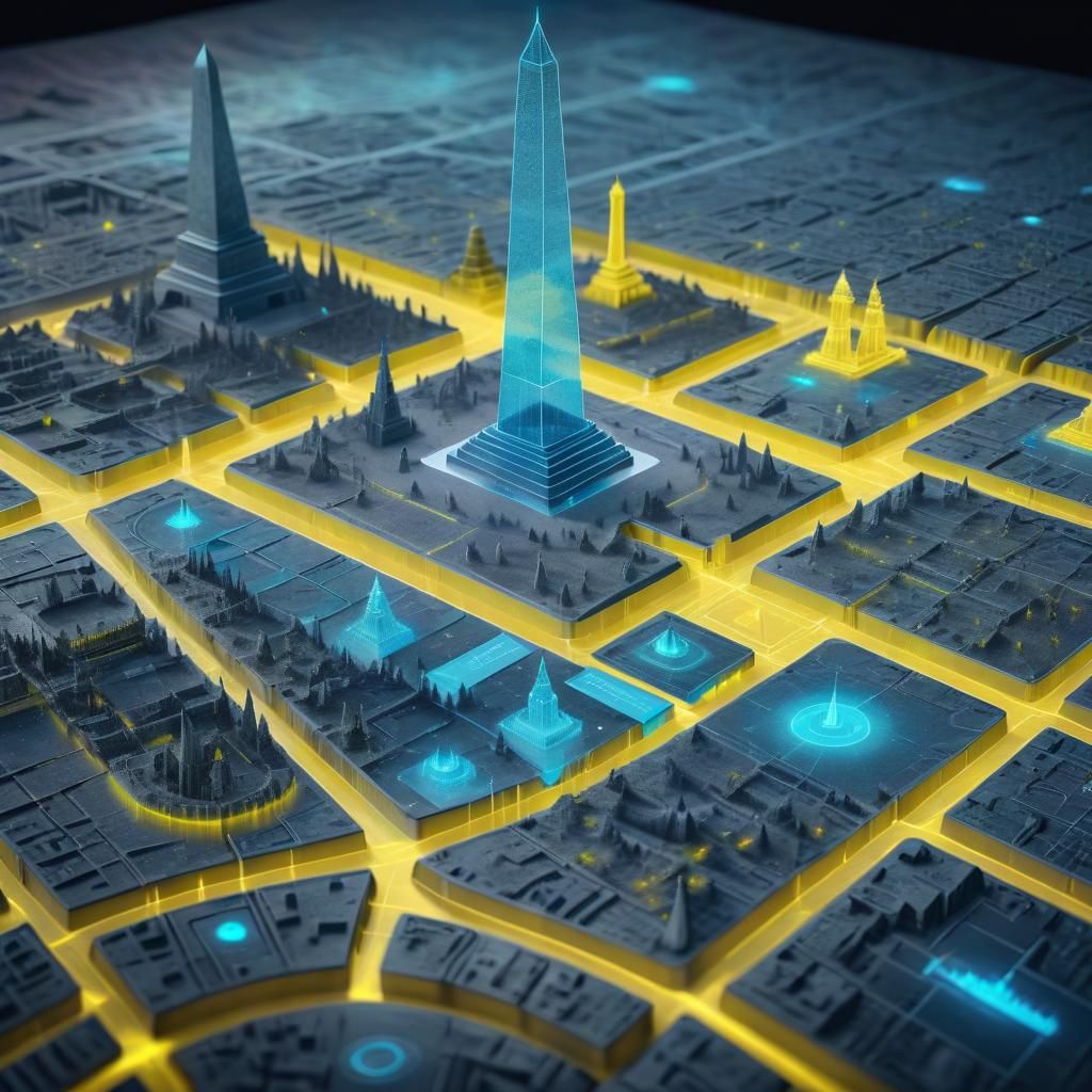 An electronic metallic map with holograms of the monuments. 8k ...