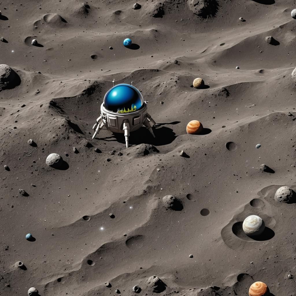 miniature spaceship on the moon surface, starry night sky with planets ...