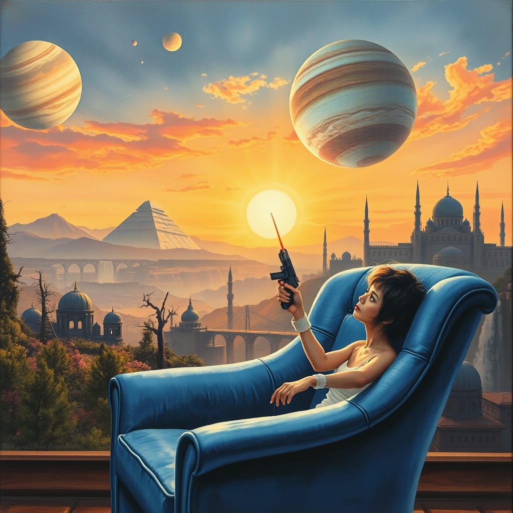 Barren Sci-Fi Landscape with Firing Woman and Spac... - AI Art