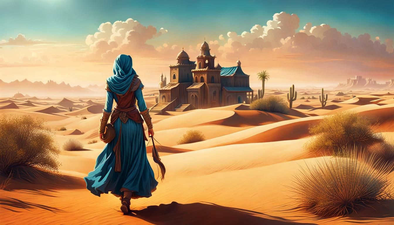 young maiden in rags walking across a desert to a small village - AI ...