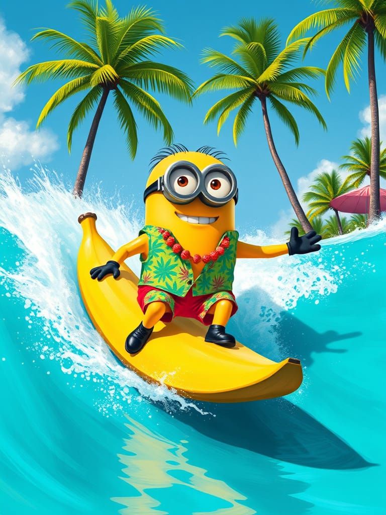 Surfing USA - Vibrant Minion Cruises a Bright Banana Surfboa...