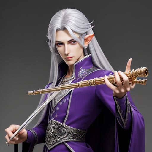 rich bard high elf character, 6" tall, slender, teenager, boy, holds a ...