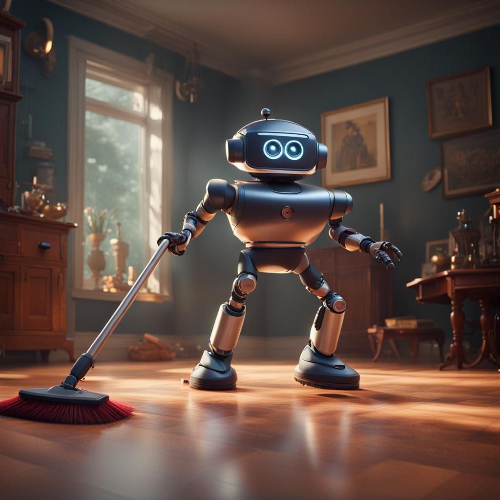 Create a humorous scene featuring a robot vacuum having a dance-off ...