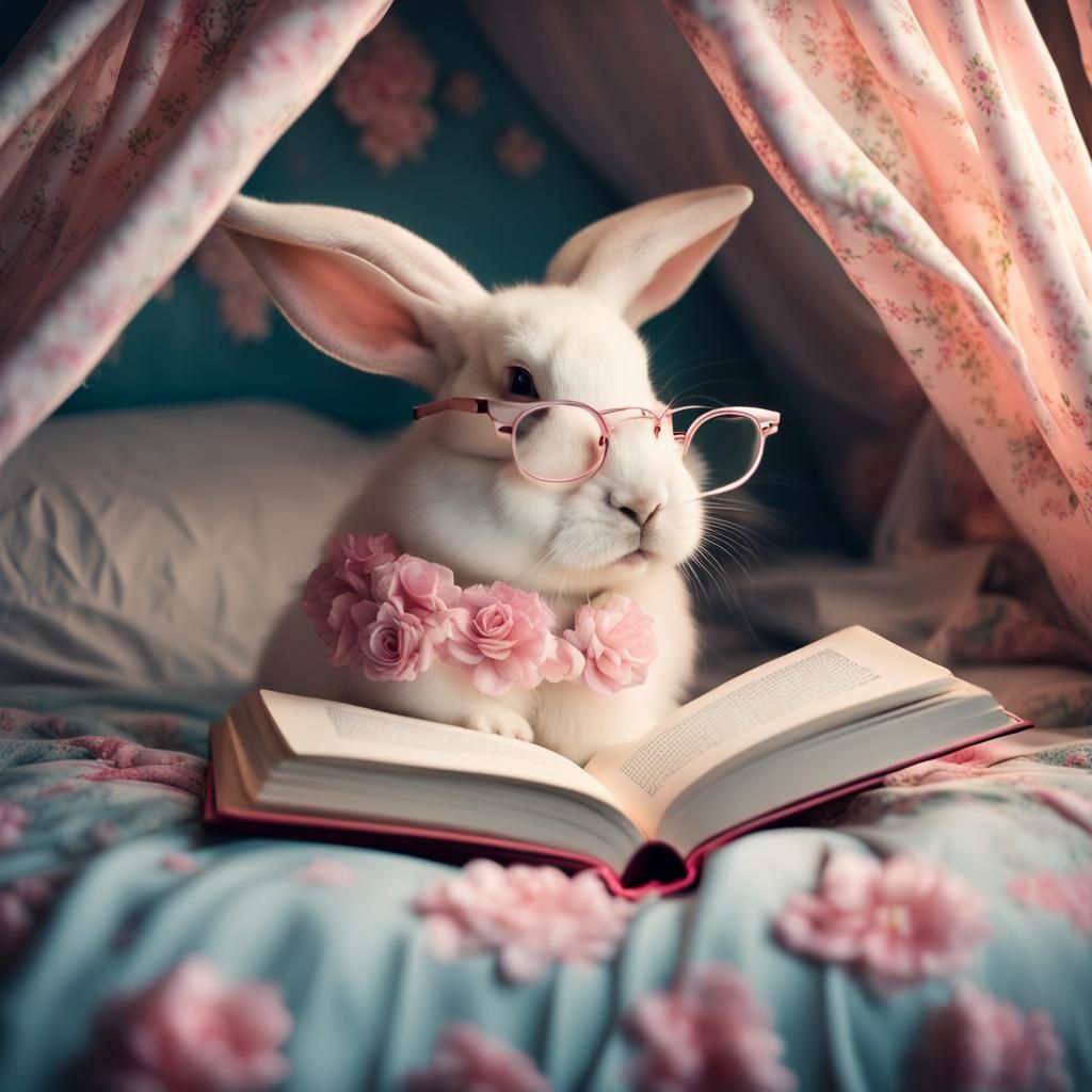 Cute happy fluffy white bunny rabbit wears glasses and reads a book in ...